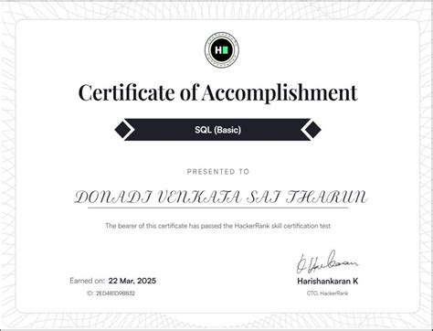 Sql Hackerrank Certification Dataanalytics Database Learning Donadi Venkata Sai Tharun