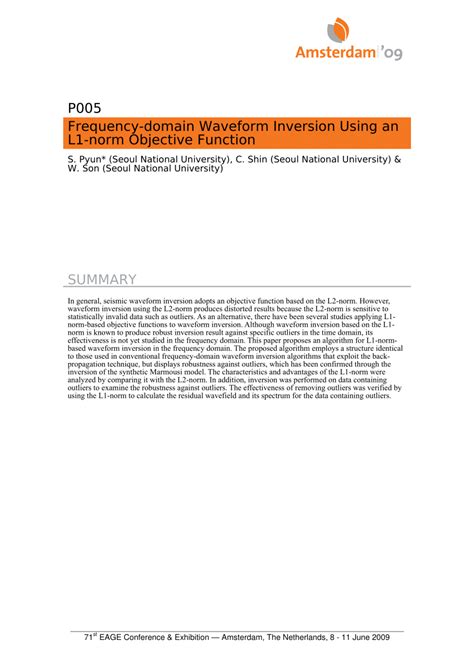 Pdf P005 Frequency Domain Waveform Inversion Using An L1 Norm Objective Function