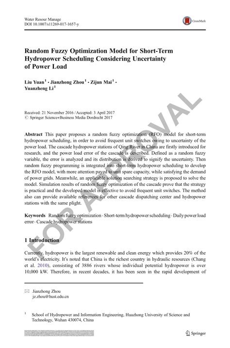 Pdf Random Fuzzy Optimization Model For Short Term Hydropower