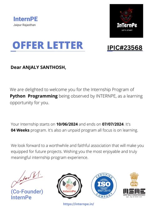 Anjaly Santhosh On Linkedin Internship Pythonprogramming Internpe