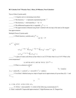 BC Calc Unit 3 FRQ Practice AP Calculus BC Unit 3 Free Response Questions Part A 4 Questions