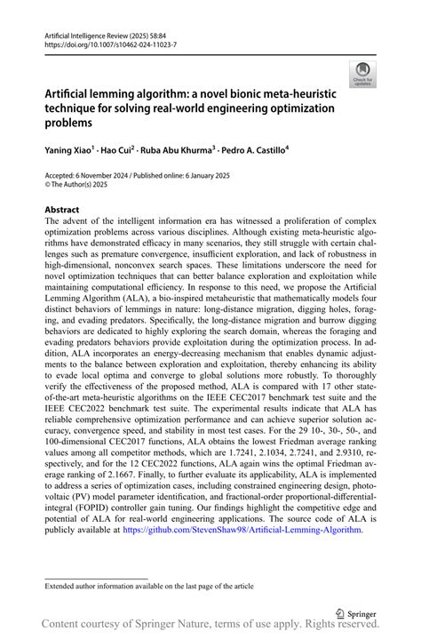 Pdf Artificial Lemming Algorithm A Novel Bionic Meta Heuristic