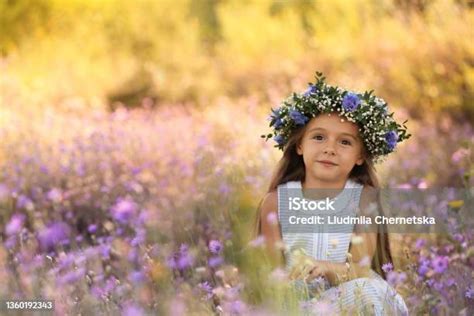 야외에서 꽃 화환을 입고 귀여운 어린 소녀 텍스트 공간 자연속에서 시간을 보내는 어린이 소녀에 대한 스톡 사진 및 기타 이미지 소녀 야생화 화관 Istock