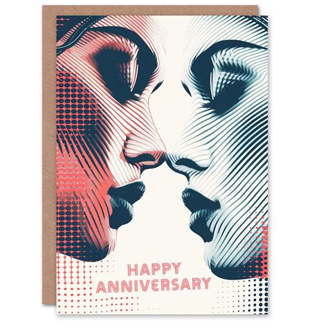 Anniversary Card Lesbian Gay Couple Kiss Pink Blue Women Faces For Her