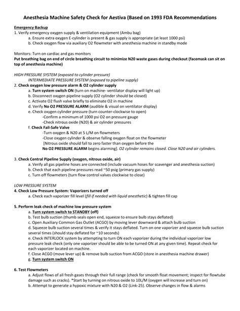 Aestiva Anesthesia Machine Safety Checklist