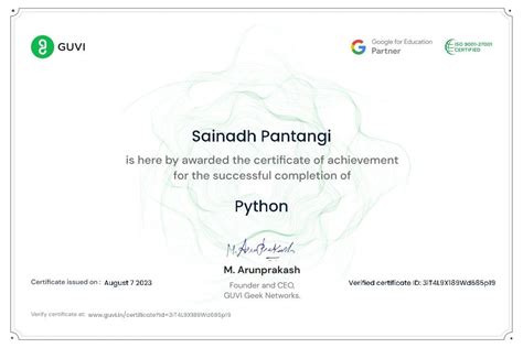 Sainadh Pantangi On Linkedin Completion Certificate Of Python From Guvi