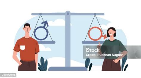 People With Gender Equality Man And Woman Near Scales With Gender Signs