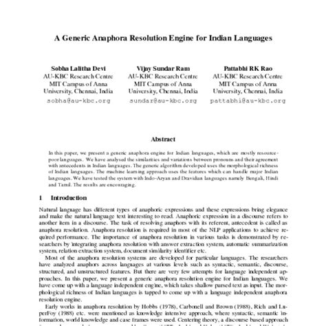 A Generic Anaphora Resolution Engine For Indian Languages Acl Anthology