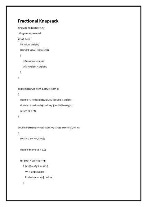 Design Analysis And Algorithms Fractional Knapsack Include Using Namespace Studocu