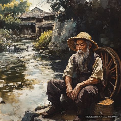 Ai创作图水乡渔翁画 白发渔翁 南方乡村油画 场景挑水场景 渔翁插画 兴坪古镇油画 仙市古镇油画 水乡生活场景 乘凉的农民 云水谣插画 云水谣海报彩绘海报 古代农民爷爷 云水谣彩绘 打鱼人物