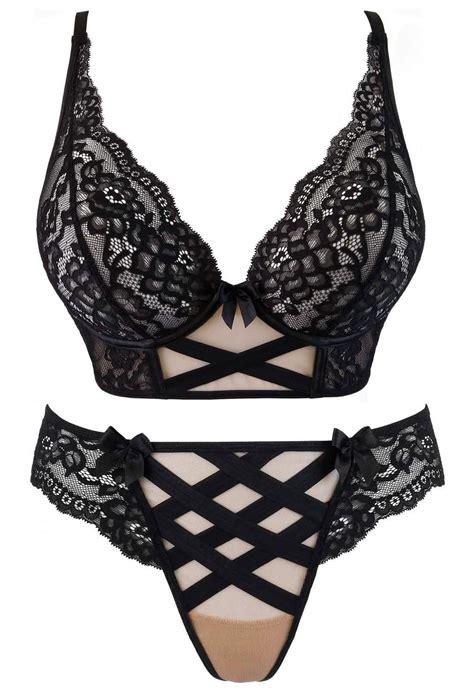 Luxury Womens Black Lace Longline Bra Set Lingerie Seduction