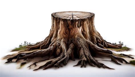 Decayed Tree Stump With Roots Protruding From A White Surface There Are Growth Rings And Cracks