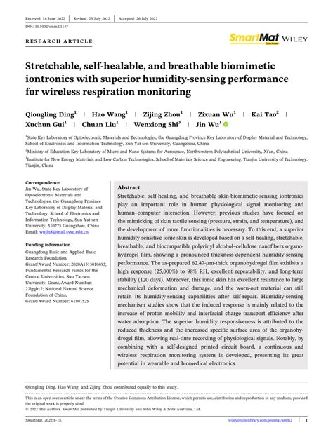 Pdf Stretchable Self‐healable And Breathable Biomimetic Iontronics With Superior Humidity