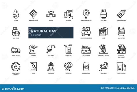 Natural Gas Industry Technology Flame Energy Power Outline Line Icon Set Stock Vector