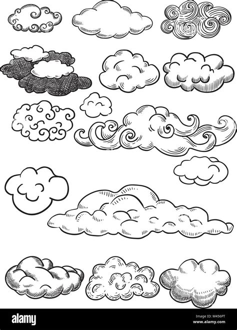 Creative Conceptual Vector Sketch Hand Drawn Clouds Illustration Engraving Ink Line Art