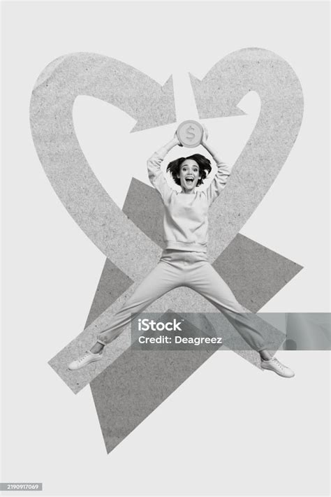 독점 잡지 그림 스케치 콜라주 흥분 펑키 아가씨 점프 높은 수입 동전 절연 그림 배경 25 29세에 대한 스톡 사진 및 기타 이미지 25 29세 경제 구매 Istock