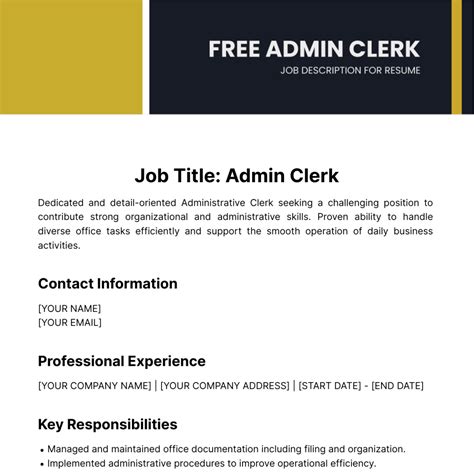 Free Admin Clerk Job Description For Resume Template To Edit Online