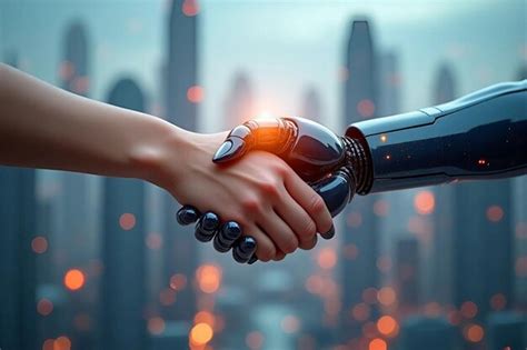 A Robot Shaking Hands With A City In The Background Premium Ai