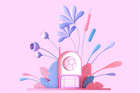 태양과 구름의 양식에 일치시키는 이미지와 원 프레임의 배경 테두리에 식물파스텔 색상의 추상 둥근 만화 개념 작은 집3d 일러스트 0명에 대한 스톡 사진 및 기타 이미지