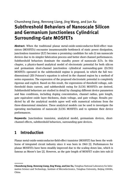 Pdf Subthreshold Behaviors Of Nanoscale Silicon And Germanium Junctionless Cylindrical