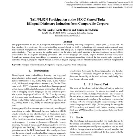 Talnls2n Participation At The Bucc Shared Task Bilingual Dictionary Induction From Comparable