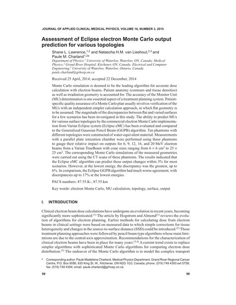 Pdf Assessment Of Eclipse Electron Monte Carlo Output Prediction For Various Topologies