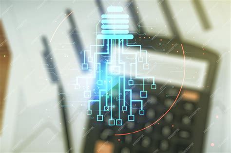 Premium Photo Virtual Creative Light Bulb Illustration With Microcircuit On Blurry Calculator