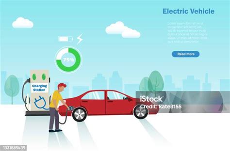 Ev 자동차 전기 자동차 충전 소에서 배터리를 충전하는 남자 환경과 자연에 지속 가능한 녹색 및 청정 에너지 자원 미래 형 운송