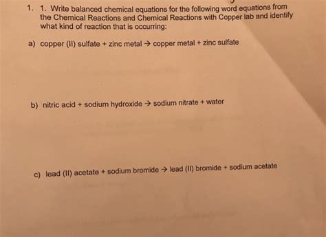 Solved 1 Write Balanced Chemical Equations For The