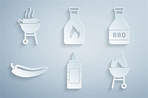 겨자 병 케첩 핫 칠리 페퍼 포드 바베큐 그릴 및 구운 Shish 케밥 아이콘을 설정합니다 벡터 3차원 형태에 대한 스톡 벡터 아트 및 기타 이미지 Istock