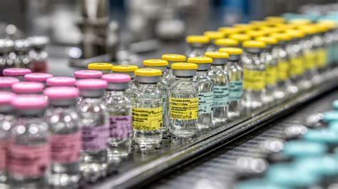 Rows Of Medicine Vials With Different Colored Caps On A Production Line