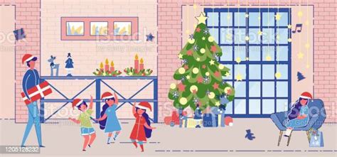 아이들과 함께 방에 들어가는 선물 상자를 들고있는 남자 가공의 인물에 대한 스톡 벡터 아트 및 기타 이미지 가공의 인물 가정의 방 가족 Istock