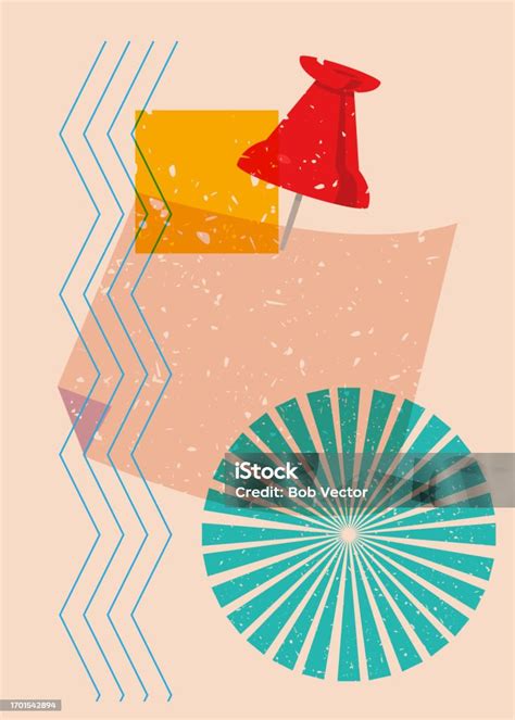 기하학적 모양의 고정된 푸시 버튼이 있는 리소그래프 메모지 트렌디한 리소 그래프 디자인의 오브제 기하학 요소 추상 리소그래프 인쇄 질감 스타일 알림 메시지에 대한 스톡 벡터