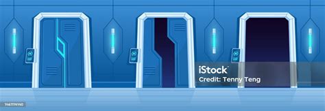 만화 우주선 미래 게이트 닫힌 외계인 우주 우주선 문 우주선 제어실 게이트웨이 평면 벡터 일러스트 세트 미래 지향적 인 출입구