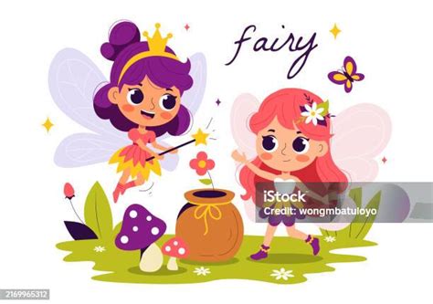 아름 다운 비행 요정 벡터 일러스트 레이 션 엘프 풍경 나무 그리고 플랫 스타일 어린이 만화 배경에 푸른 잔디 공주에 대한 스톡 벡터 아트 및 기타 이미지 Istock