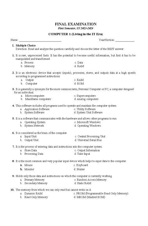 Midterm Examination Comp 11 FINAL EXAMINATION First Semester SY 2023 COMPUTER 1 Living In