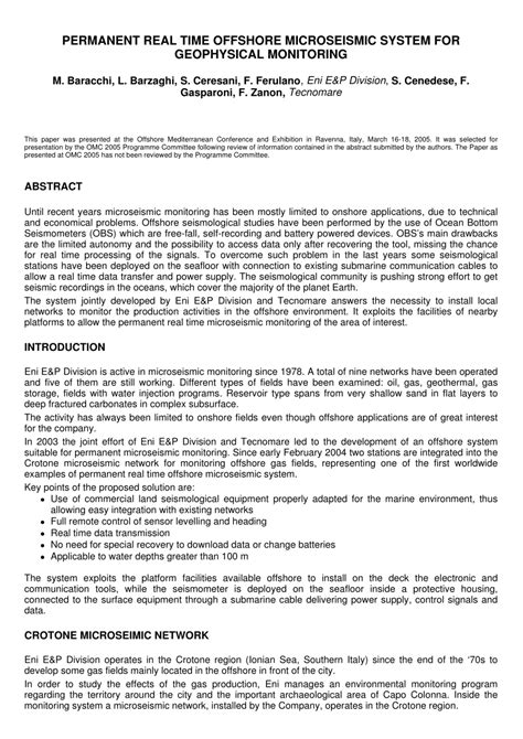 Pdf Permanent Real Time Offshore Microseismic System For Geophysical