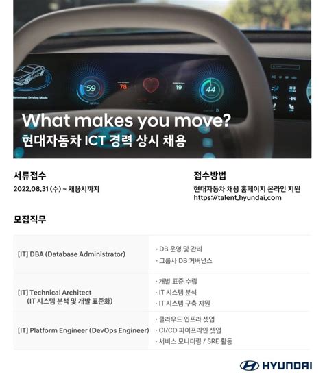 ⭐현대자동차 Ict 혁신본부 경력 상시 채용⭐ 현대자동차에서 세상을 함께 움직일 당신을 기다립니다 공고의 상세 내용 및 자격요건을 확인하신 뒤 관심 있는 분께서는 접수