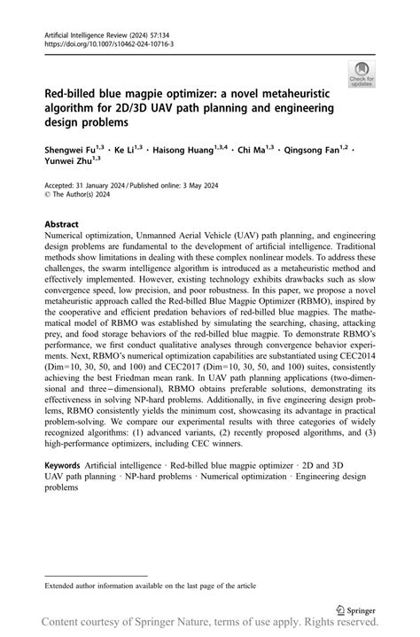 Pdf Red Billed Blue Magpie Optimizer A Novel Metaheuristic Algorithm For 2d3d Uav Path