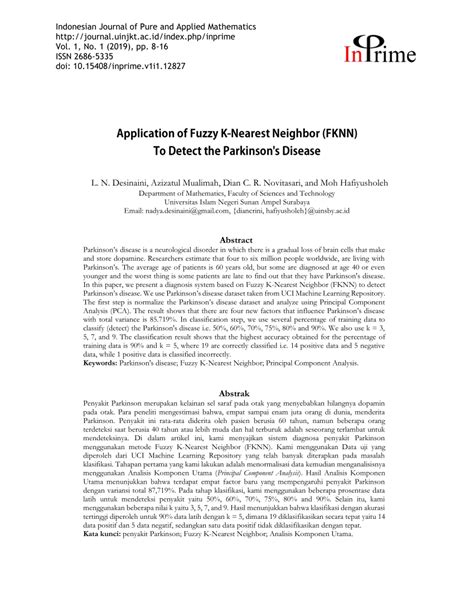 Pdf Application Of Fuzzy K Nearest Neighbor Fknn To Detect The Parkinsons Disease