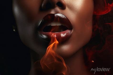 Lips In Flame Fire Of Black Woman Passion Love And Sex On Dark • Wall