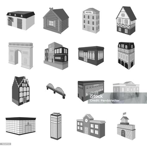 건물 및 건축 흑백 아이콘 디자인에 대 한 설정된 컬렉션 건물 및 주거 아이소메트릭 기호 재고 웹 일러스트 벡터 말에 대한 스톡 벡터 아트 및 기타 이미지 Istock