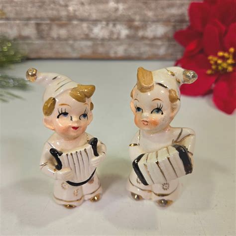 Pixie Elves Musical Figurines Vintage Set Of 2 1950s With White