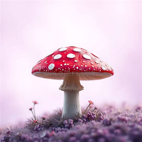 A Vibrant Red Mushroom With White Spots In A Magical Setting On A Pastel Lavender Background