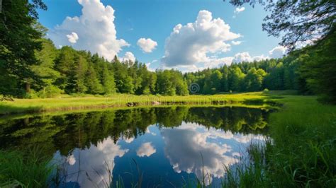 Serene Summer Landscape Forest Lake Reflection And Grassy Field Stock Illustration