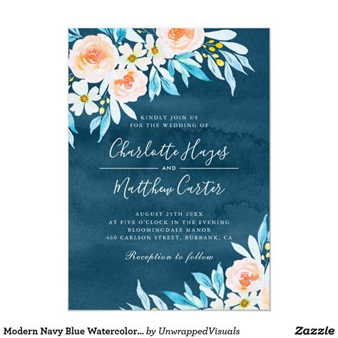 Modern Navy Blue Watercolor Floral Wedding Invitation Floral Wedding