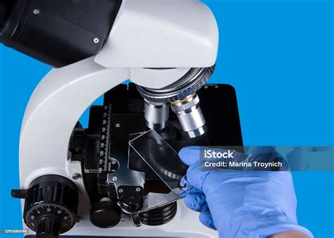 Light Microscope For Observation Of Biopsy Anatomy Or Histology On Blue