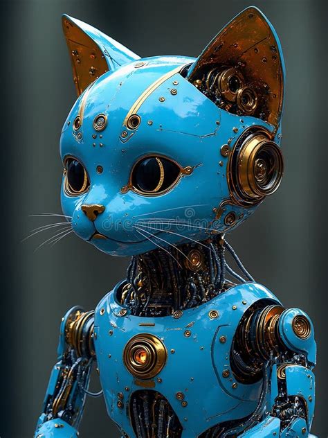 Futuristic Blue Robotic Cat With Golden Accents Stock Illustration Illustration Of