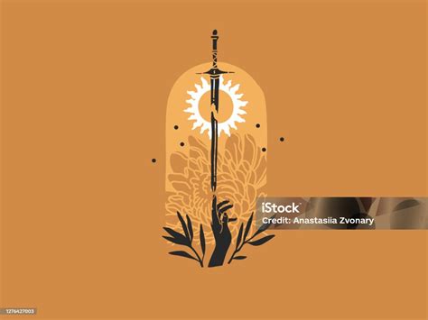 로고 요소 칼 인간의 손 꽃과 태양 황금 배경에 고립 된 브랜딩을위한 간단한 스타일로 매직 라인 달 아트가있는 손으로 그린 벡터 추상 적 스톡 플랫 그래픽 일러스트레이션