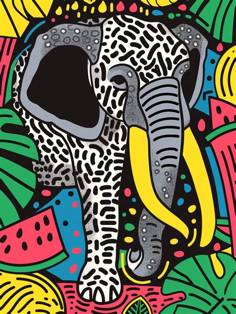 완전한 코끼리와 추상적인 레몬 수박 패턴의 일러스트